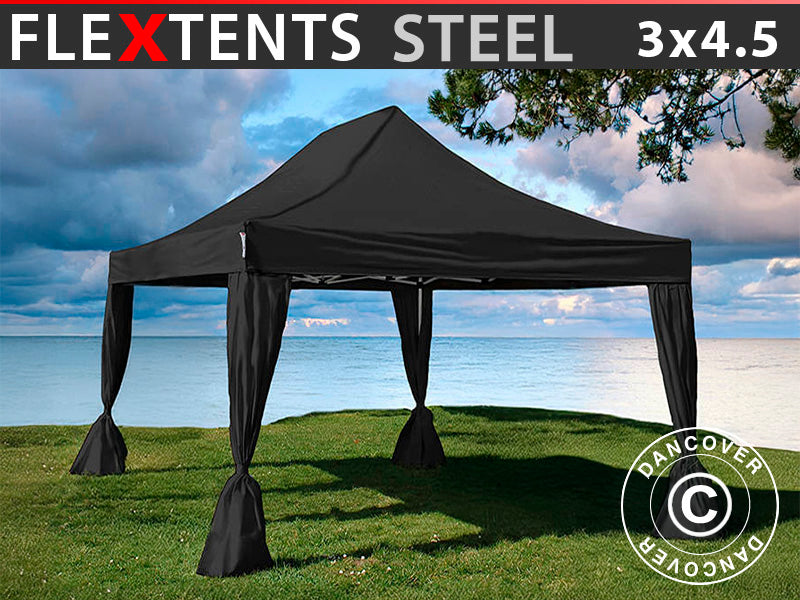Tente pliante FleXtents Steel 3x4,5m Noir, incl. 4 rideaux decoratifs